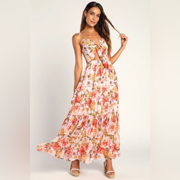 Lulus | Dresses | Nwt Lulus Light Pink Floral Print Tiefront Maxi Dress ...